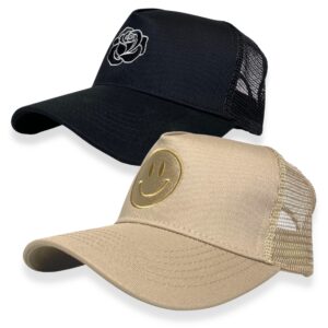 2-pack cotton smiley trucker hats - retro unisex baseball caps, tan & black