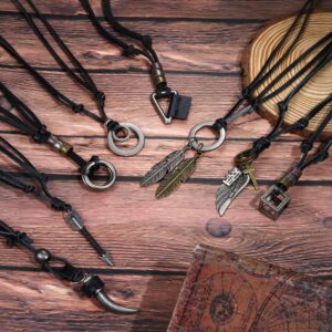 FASACCO 8 Pcs Black Leather Necklace for Men Women Brown Black Leather Cord Necklace Tribal Arrow Wolf Tooth Feather Pendant Statement Necklace for Men Women