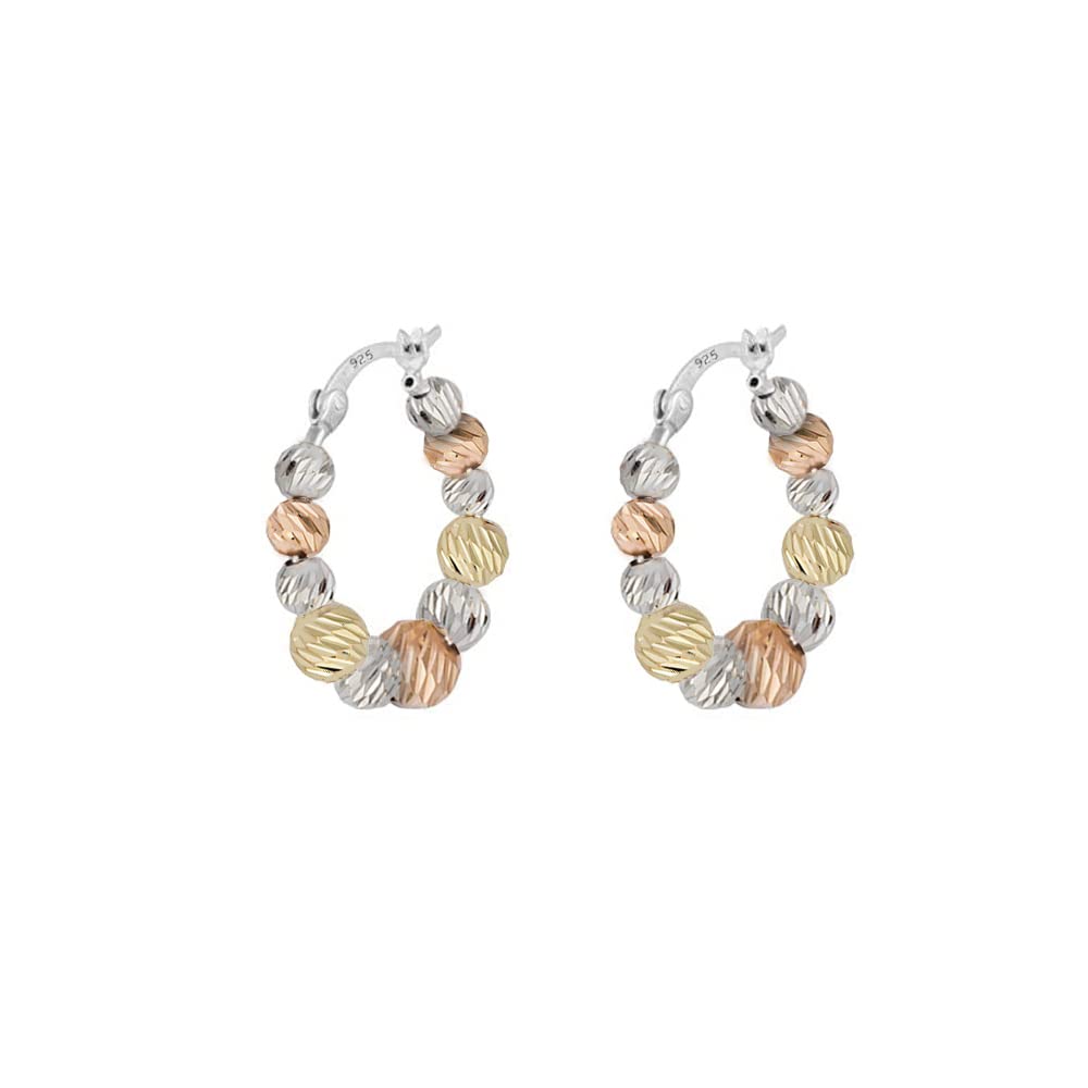 Savlano 925 Sterling Silver Beaded Round Hoop Earrings – 18K Gold Tri Color Plated Hoop Earrings for Women - Made In Italy Comes with Savlano Gift Box