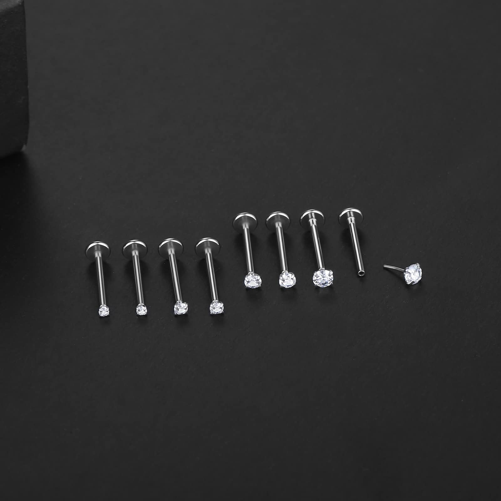 Oveta 8PCS Threadless Tragus Earrings 16G Labret Jewelry CZ Lip Ring Studs Stainless Steel Cartilage Earrings for Women Monroe Medusa Piercing Jewelry 1/2'' Long Bar