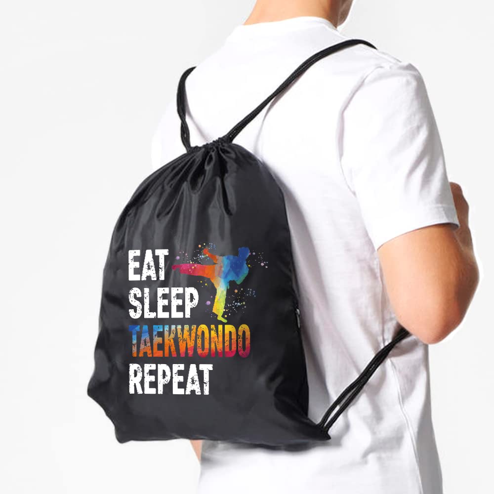 Pishovi Eat Sleep Taekwondo Repeat Drawstring Waterproof Backpack, Taekwondo Sports Bag for Man Women, Taekwondo Player Gifts, Gift for Taekwondo Lover