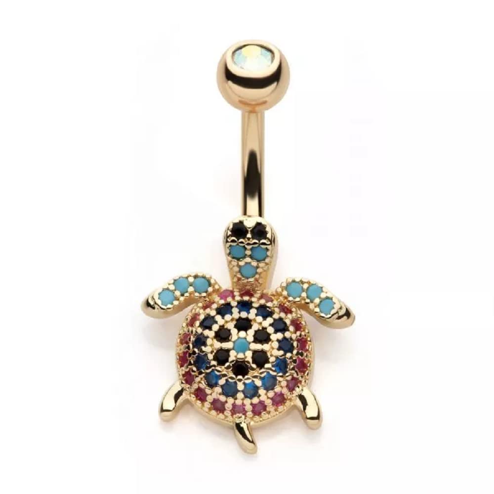 Pierced Owl 14GA Gold Tone 316L Stainless Steel Multicolor Crystal Paved Turtle Belly Button Ring