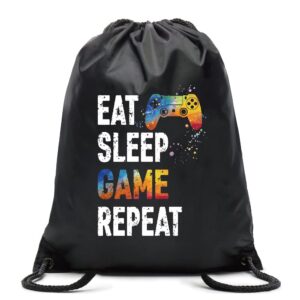 pishovi eat sleep game repeat drawstring waterproof backpack, game sports bag for man women, game player gifts, game gift for game lover game fan, game lover gift idea