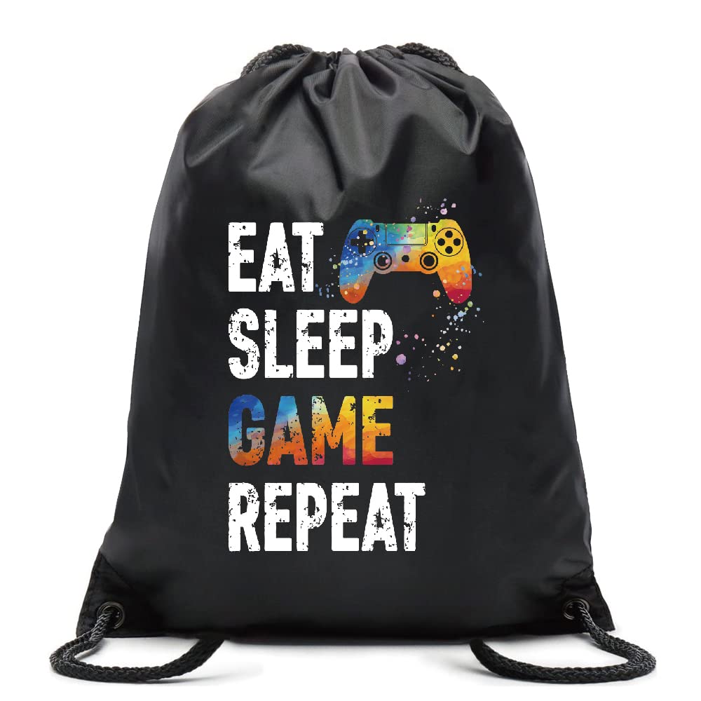 Pishovi Eat Sleep Game Repeat Drawstring Waterproof Backpack, Game Sports Bag for Man Women, Game Player Gifts, Game Gift for Game Lover Game Fan, Game Lover Gift Idea