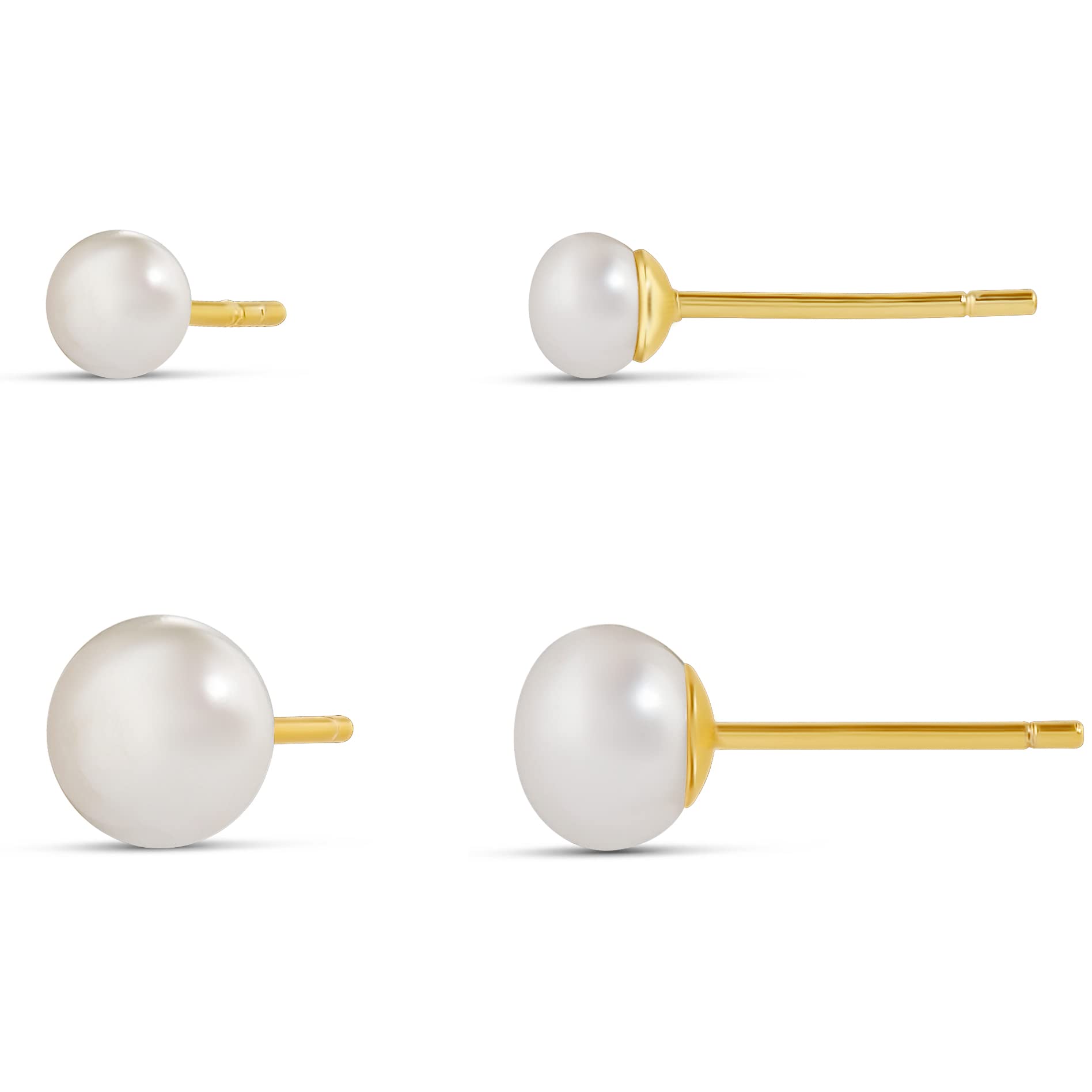 Amazon Essentials 14K Gold Plated Sterling Silver Freshwater Pearl Stud Set 4mm/6mm, Yellow Gold