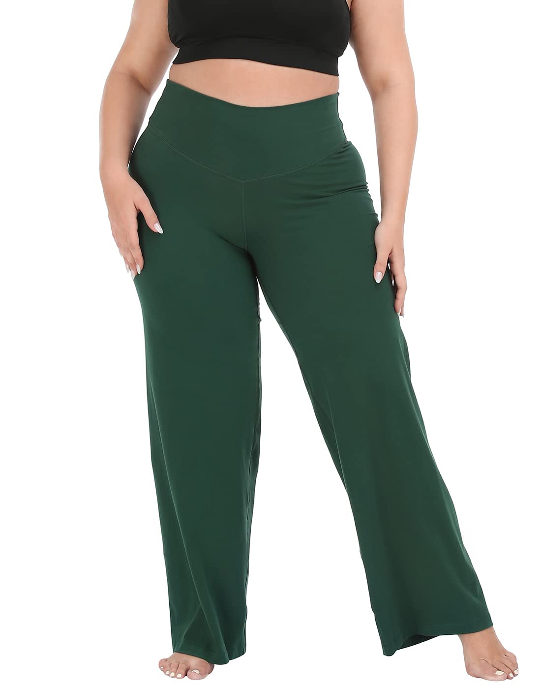 HDE Plus Size Wide Leg Cotton Yoga Pants for Women High Waist Workout Leggings Dark Green - 2X