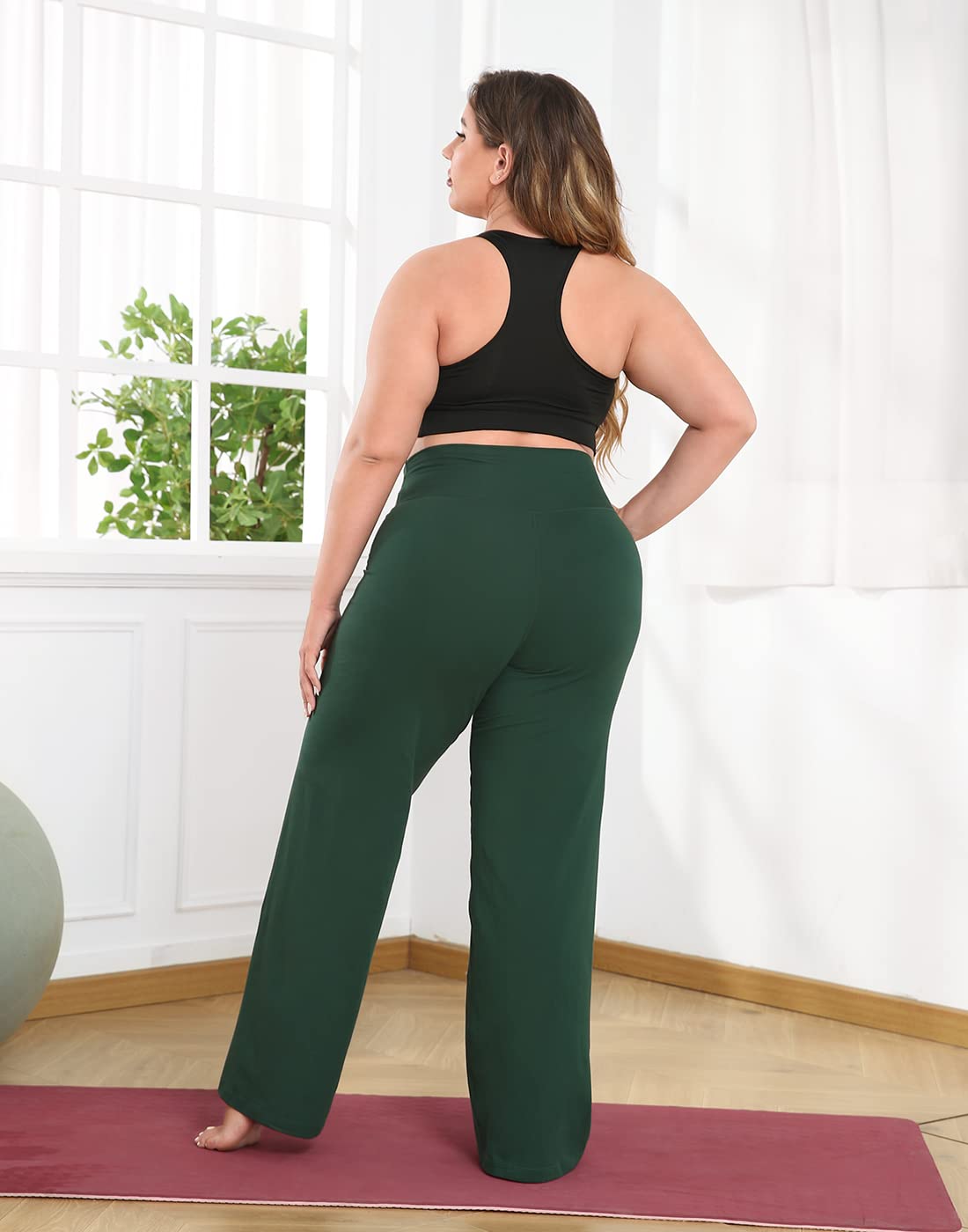 HDE Plus Size Wide Leg Cotton Yoga Pants for Women High Waist Workout Leggings Dark Green - 2X