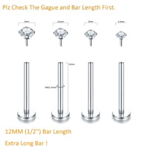 Oveta 8PCS Threadless Tragus Earrings 16G Labret Jewelry CZ Lip Ring Studs Stainless Steel Cartilage Earrings for Women Monroe Medusa Piercing Jewelry 1/2'' Long Bar