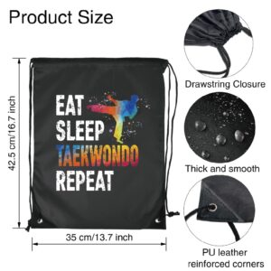 Pishovi Eat Sleep Taekwondo Repeat Drawstring Waterproof Backpack, Taekwondo Sports Bag for Man Women, Taekwondo Player Gifts, Gift for Taekwondo Lover