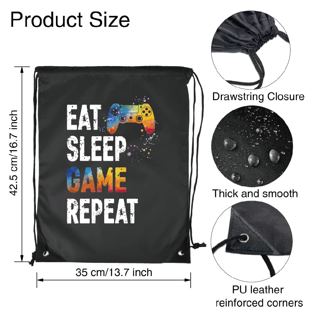 Pishovi Eat Sleep Game Repeat Drawstring Waterproof Backpack, Game Sports Bag for Man Women, Game Player Gifts, Game Gift for Game Lover Game Fan, Game Lover Gift Idea