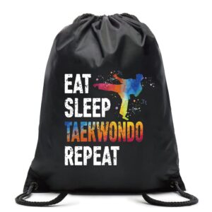 pishovi eat sleep taekwondo repeat drawstring waterproof backpack, taekwondo sports bag for man women, taekwondo player gifts, gift for taekwondo lover