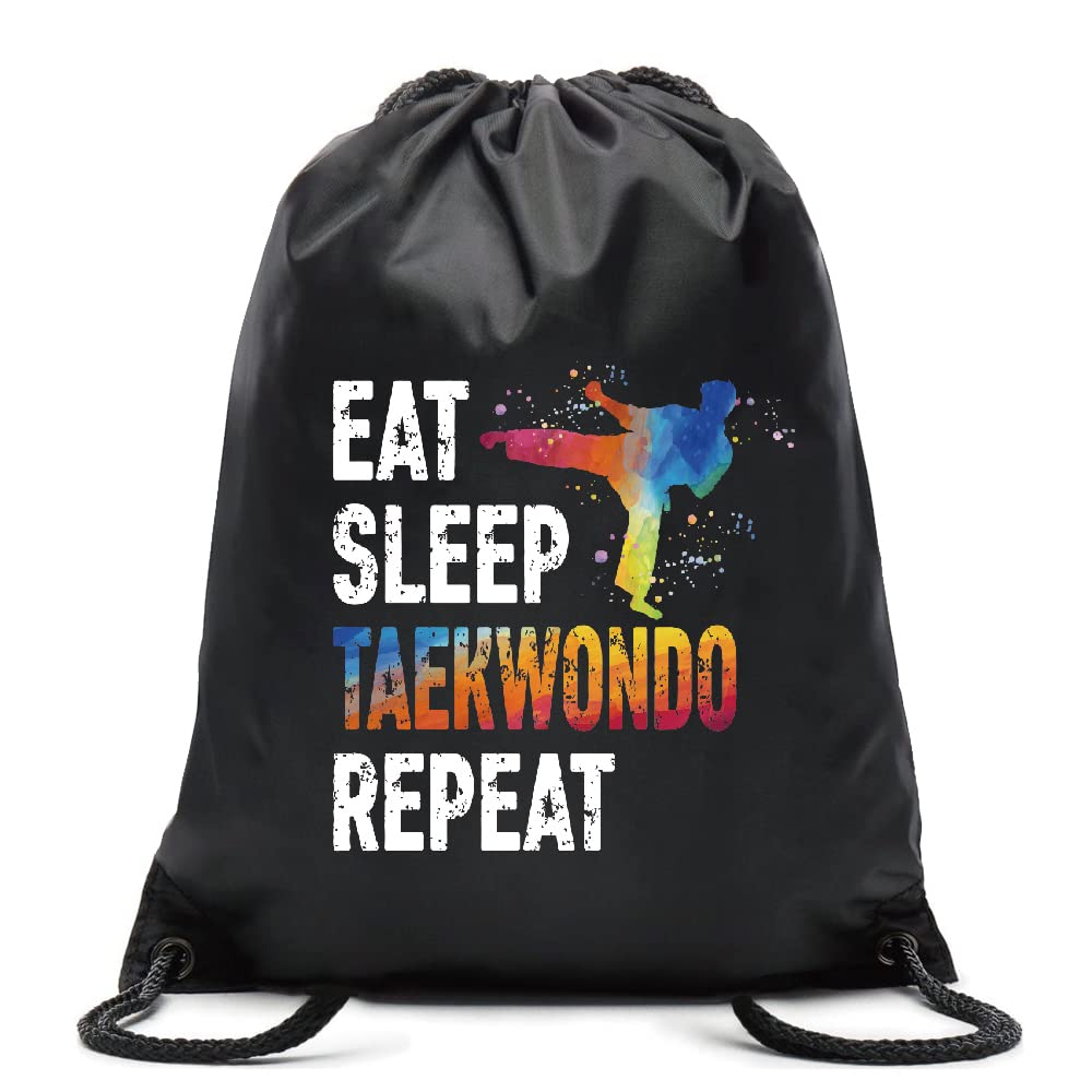 Pishovi Eat Sleep Taekwondo Repeat Drawstring Waterproof Backpack, Taekwondo Sports Bag for Man Women, Taekwondo Player Gifts, Gift for Taekwondo Lover