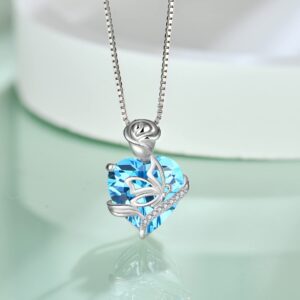 FJ Heart Butterfly Necklace 925 Sterling Silver Aquamarine Necklace March Birthstone Pendant Rose Flower Jewelry Gifts for Women