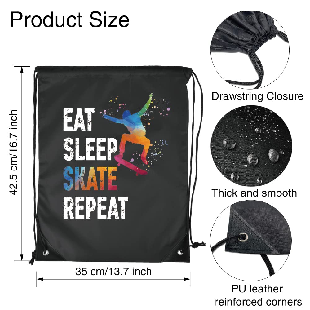 Pishovi Eat Sleep Skate Repeat Drawstring Waterproof Backpack, Skate Sports Bag for Man Women, Skate Player Gifts, Skate Gift for Skate Lover, Skate Lover Gift Idea