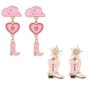 skyfun 2 pairs of cowboy boot earrings western country y2k dangle earrings handmade cute nashville cowgirl pink earrings for women snowflower jewelry gift for women costume mother's day gifts