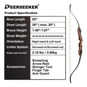 Deerseeker Archery 62" Takedown Recurve Bow Set for Adults & Youth with Right Hand & Left Handed Laminated Wooden Riser Bow Hunting Target Shooting 20-60lbs（RH 50lb）