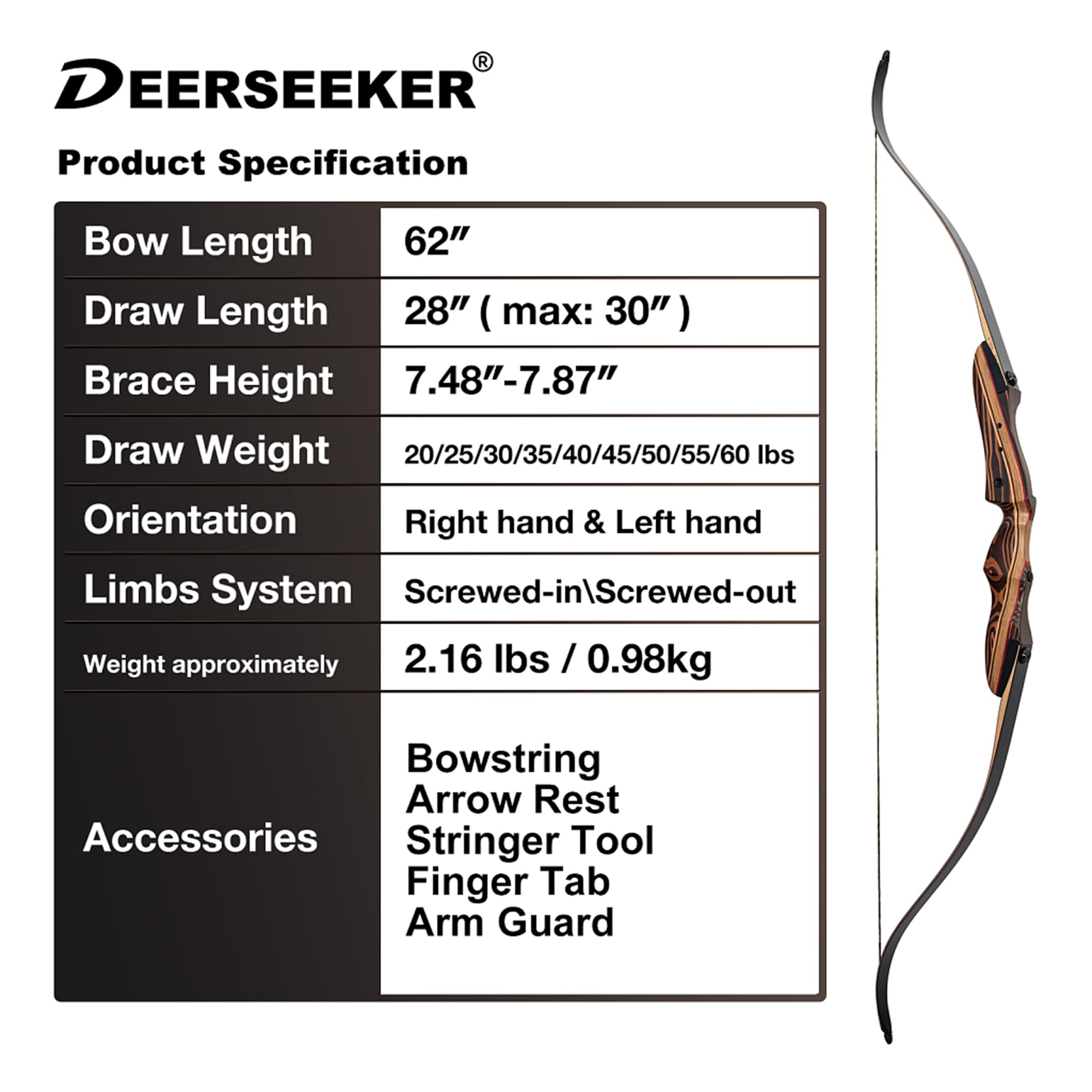 Deerseeker Archery 62" Takedown Recurve Bow Set for Adults & Youth with Right Hand & Left Handed Laminated Wooden Riser Bow Hunting Target Shooting 20-60lbs（RH 50lb）