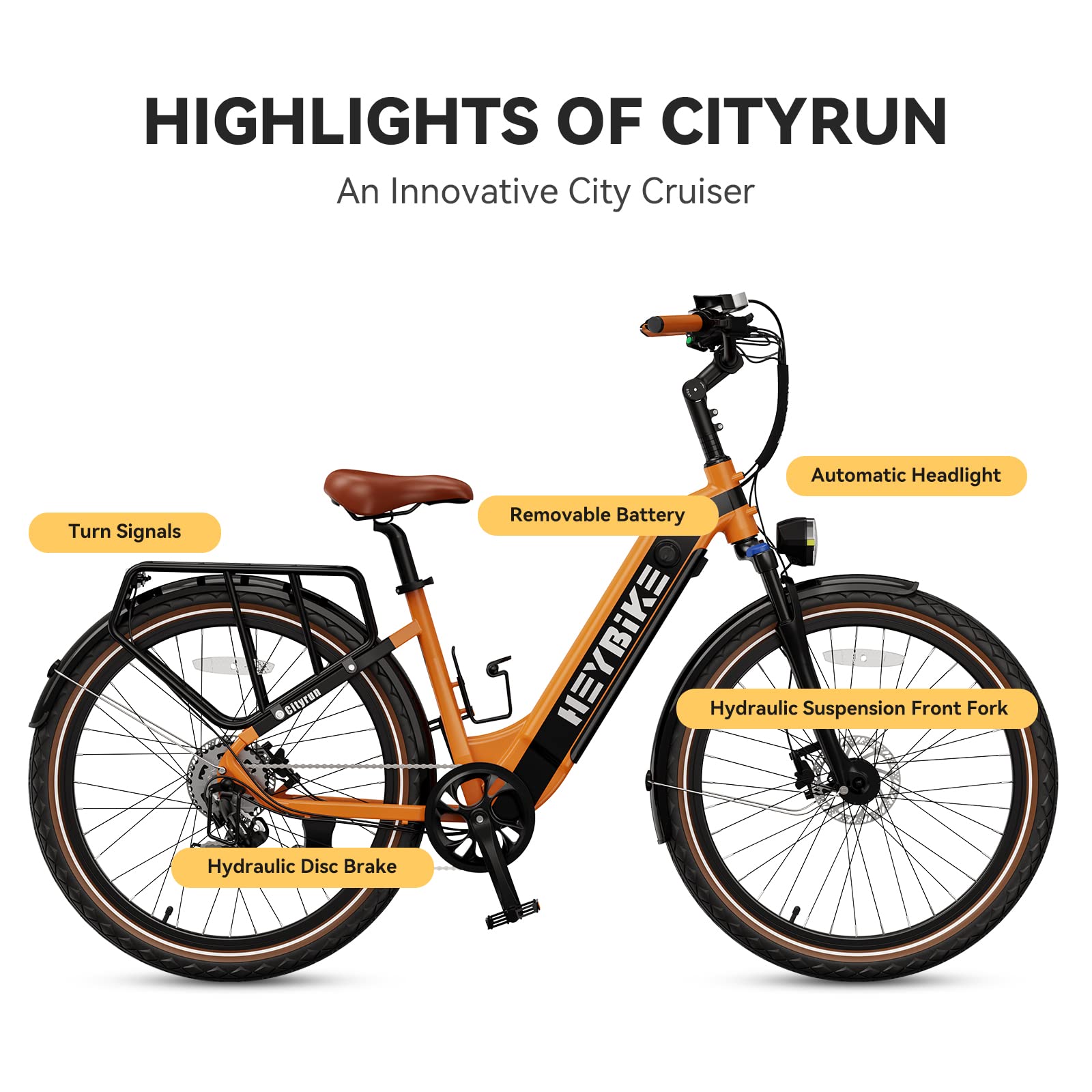 Heybike Cityrun Electric Bike, 1000W Motor Peak City Cruiser Ebike, 48V 15Ah(720Wh) Battery, 60 Miles, Step-Thru Electric Bicycle with APP Control, 3H Fast Charging, Commuter Electric Bike for Adults