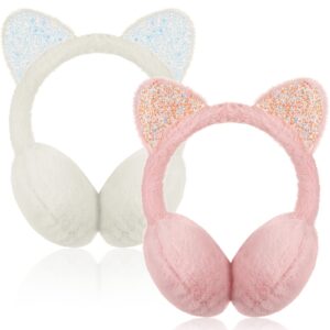 henoyso 2 pcs cute animal earmuffs winter kids earmuff warm fluffy cat ear earmuffs for girls boys kids children outdoor (pink, white)