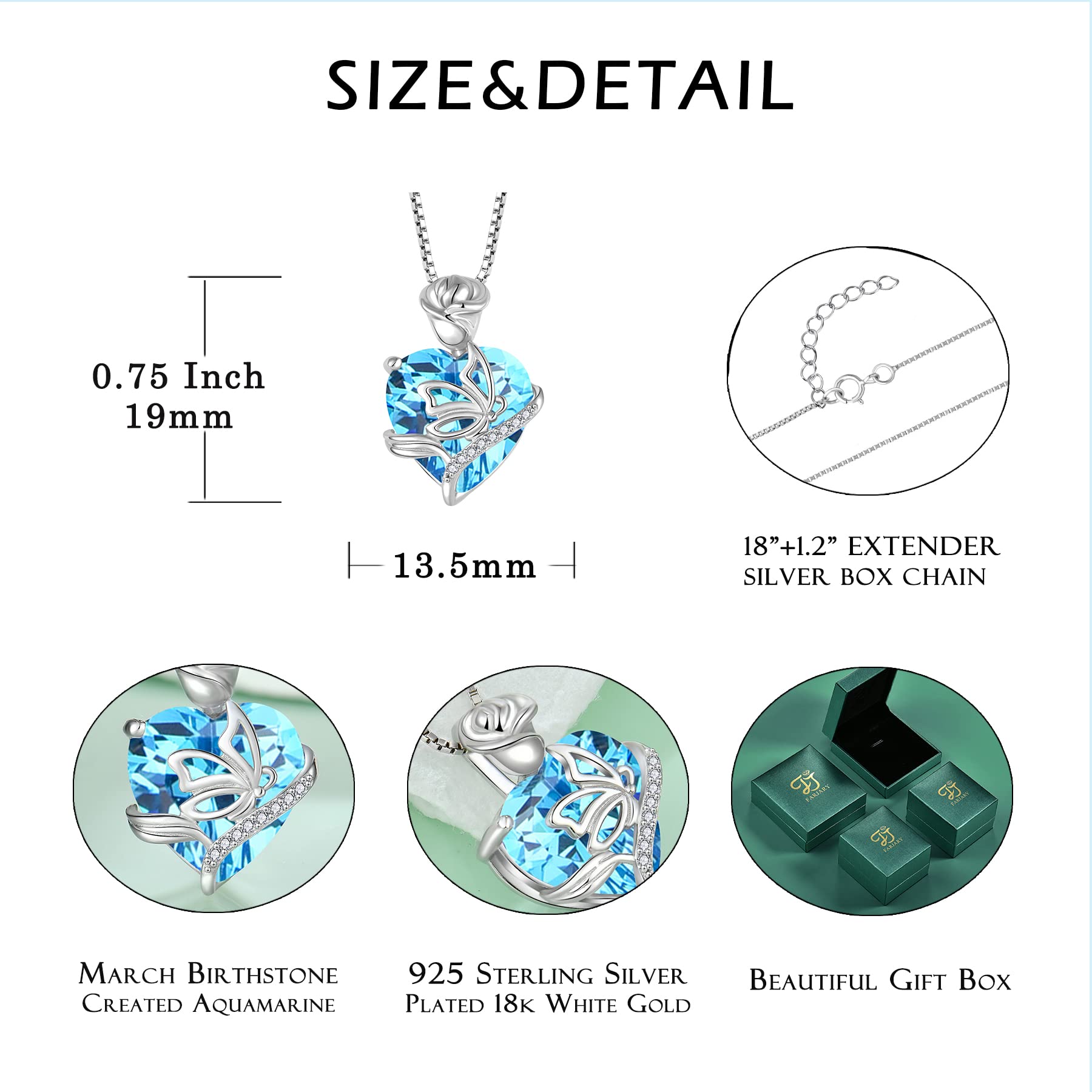 FJ Heart Butterfly Necklace 925 Sterling Silver Aquamarine Necklace March Birthstone Pendant Rose Flower Jewelry Gifts for Women