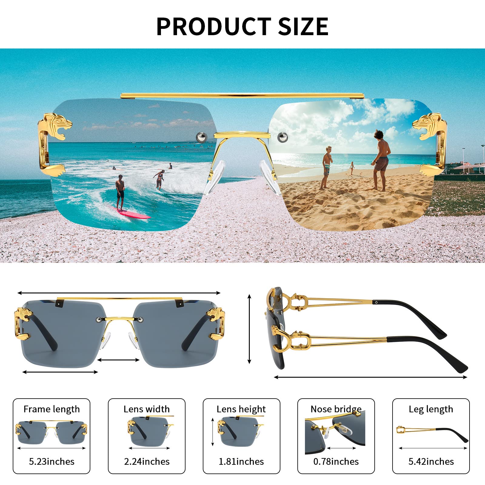 Kepoita Rimless Sunglasses for Men Square Fashion Shades Tinted Lens Metal Frameless Rectangle Y2K Glasses UV400