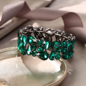 EVER FAITH Rhinestone Crystal Art Deco Costume Jewelry Irregular Oval Teardrop Prom Stretch Bracelet for Women Green Black-Tone