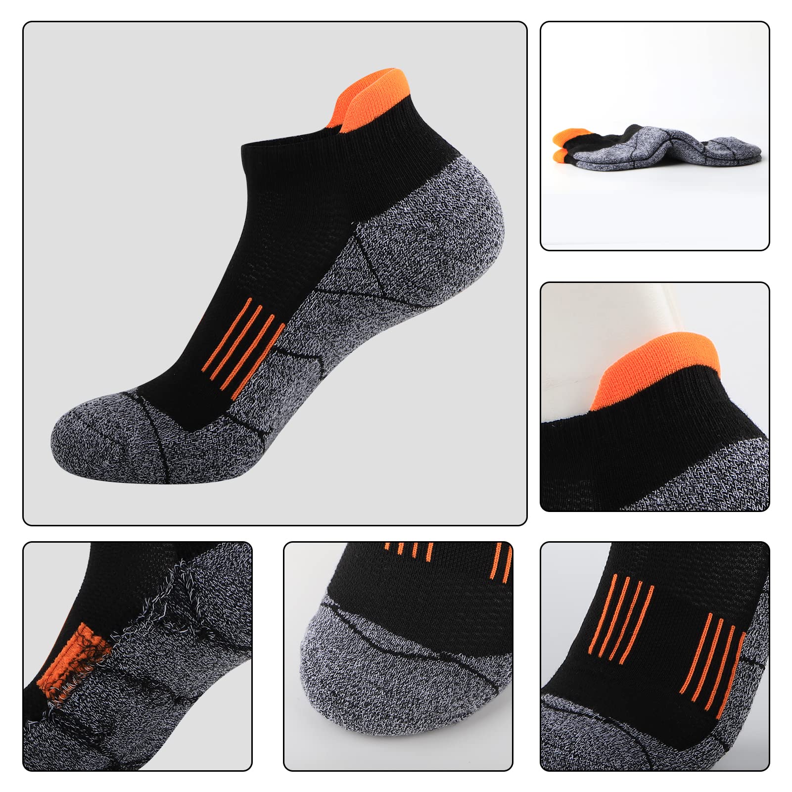 JOYNÉE Mens Athletic Ankle Sports Running Low Cut Tab Socks for Men 6 Pairs,Black2,Sock Size 10-13