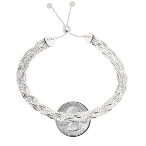 Savlano 925 Sterling Silver Braided Herringbone Chain Adjustable Bolo Slider Bracelet – 18K Gold Plated Over Silver Bracelet for Women - Made In Italy Comes with a Gift Box (White)