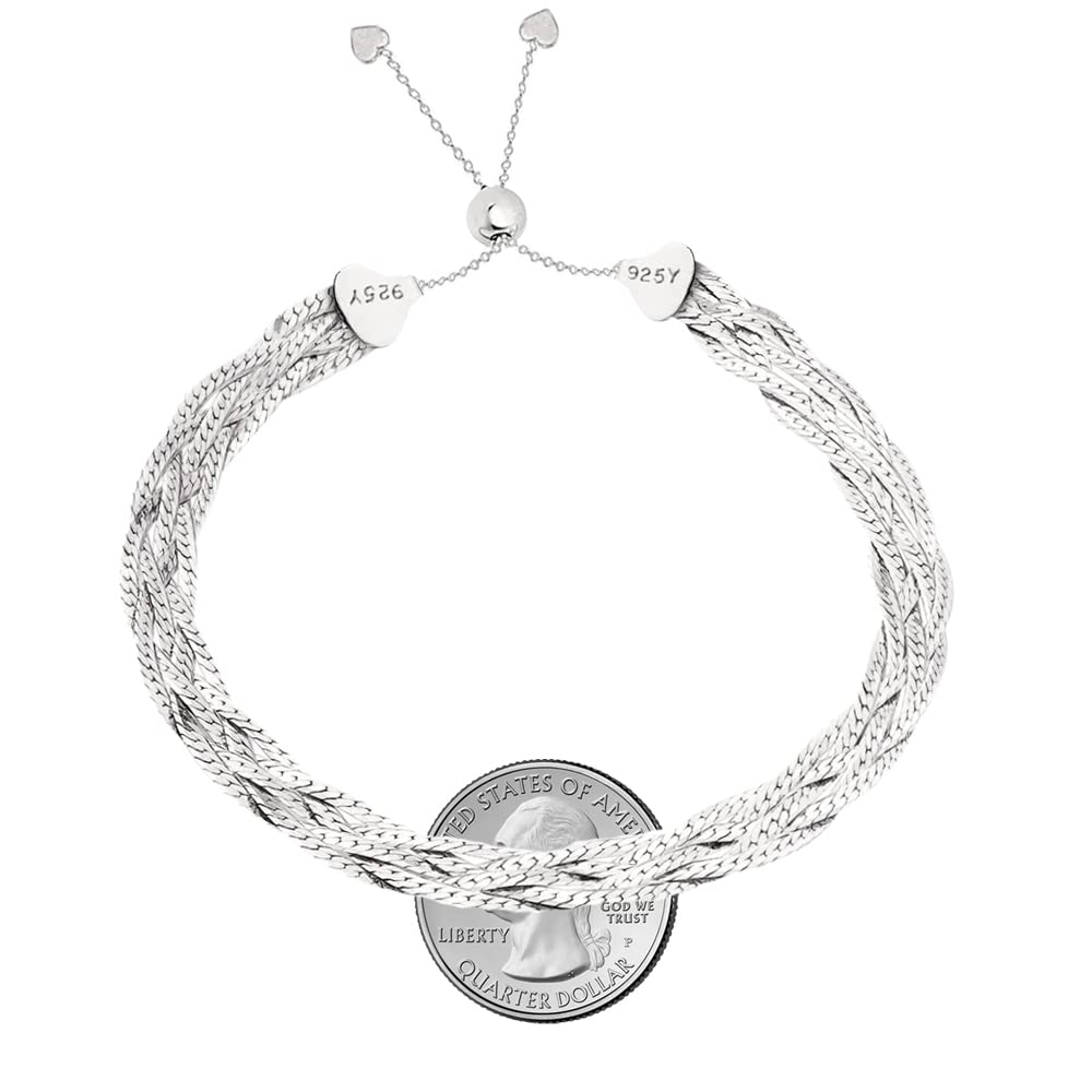 Savlano 925 Sterling Silver Braided Herringbone Chain Adjustable Bolo Slider Bracelet – 18K Gold Plated Over Silver Bracelet for Women - Made In Italy Comes with a Gift Box (White)