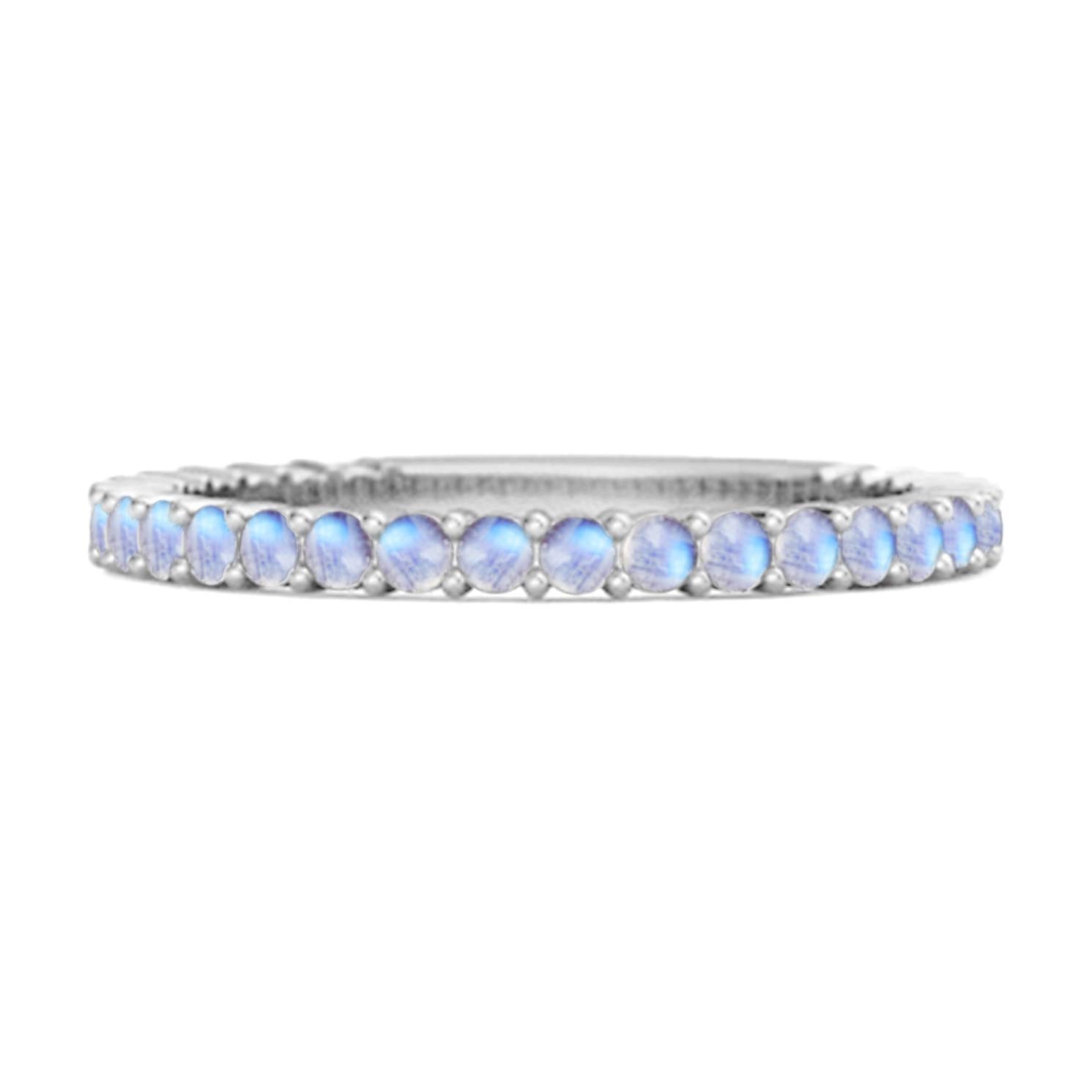 MOONEYE Prong Set 2MM Round Shape Moonstone Gemstone 925 Sterling Silver Eternity Stackable Women Ring (Silver, 8)