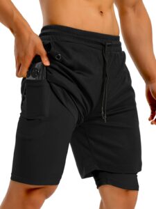 klinnfenr mens 2 in 1 gym running shorts 7 inch lightweight athletic workout clothes for men quick-dry shorts with zipper pockets,black l