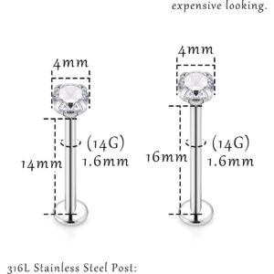 Ovxznts 14G Cheek Piercing Jewelry Stainless Steel Ashley Piercing Lip Jewelry Crystal Internally Threaded Dimple Studs Flat Tongue Rings for Women Men 14mm 9/16 inch