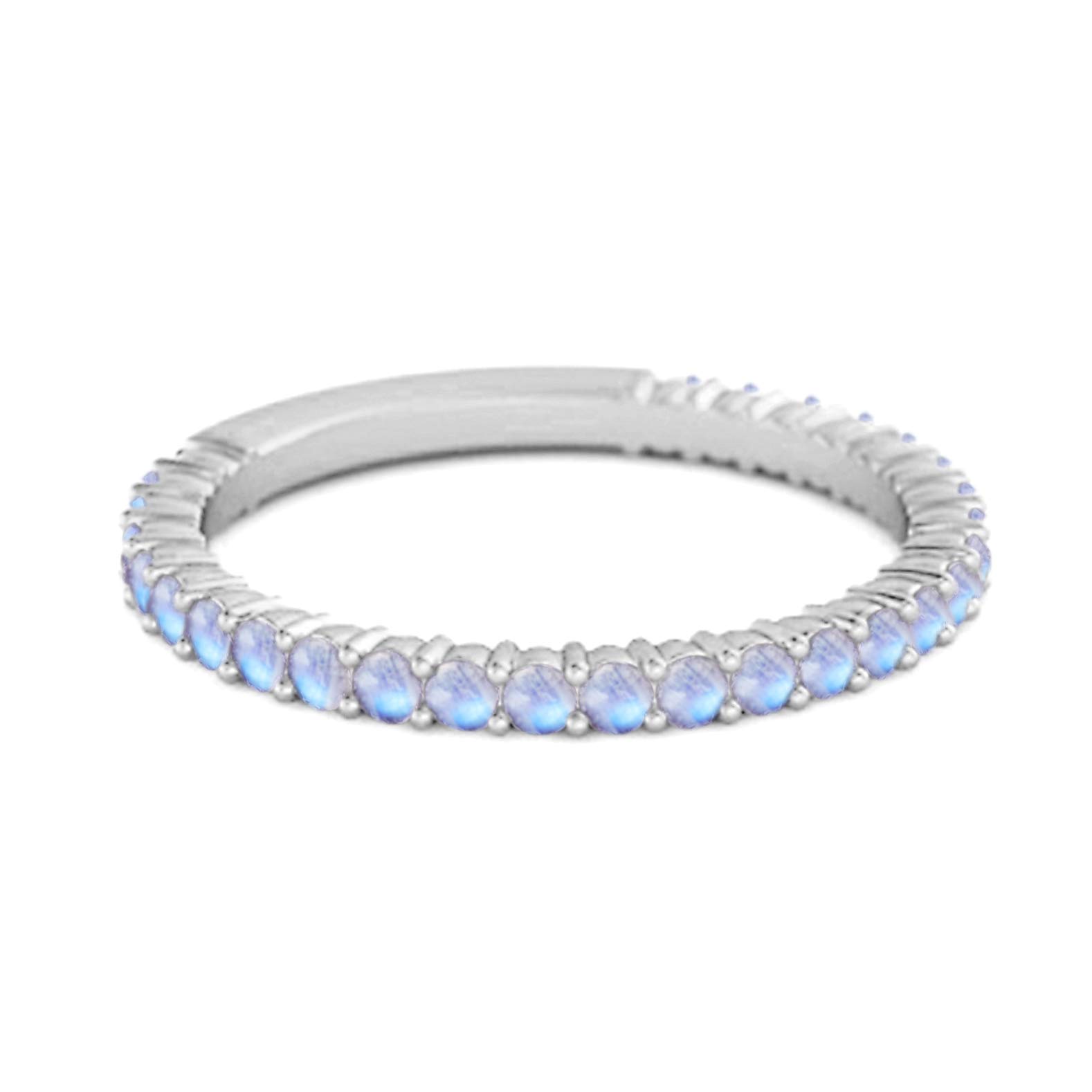 MOONEYE Prong Set 2MM Round Shape Moonstone Gemstone 925 Sterling Silver Eternity Stackable Women Ring (Silver, 8)