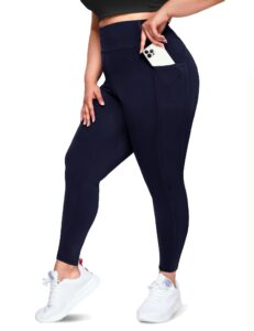 happy.angel plus size leggings with pockets for women, high waisted capri yoga workout pants cropped tights navy blue 4x-large