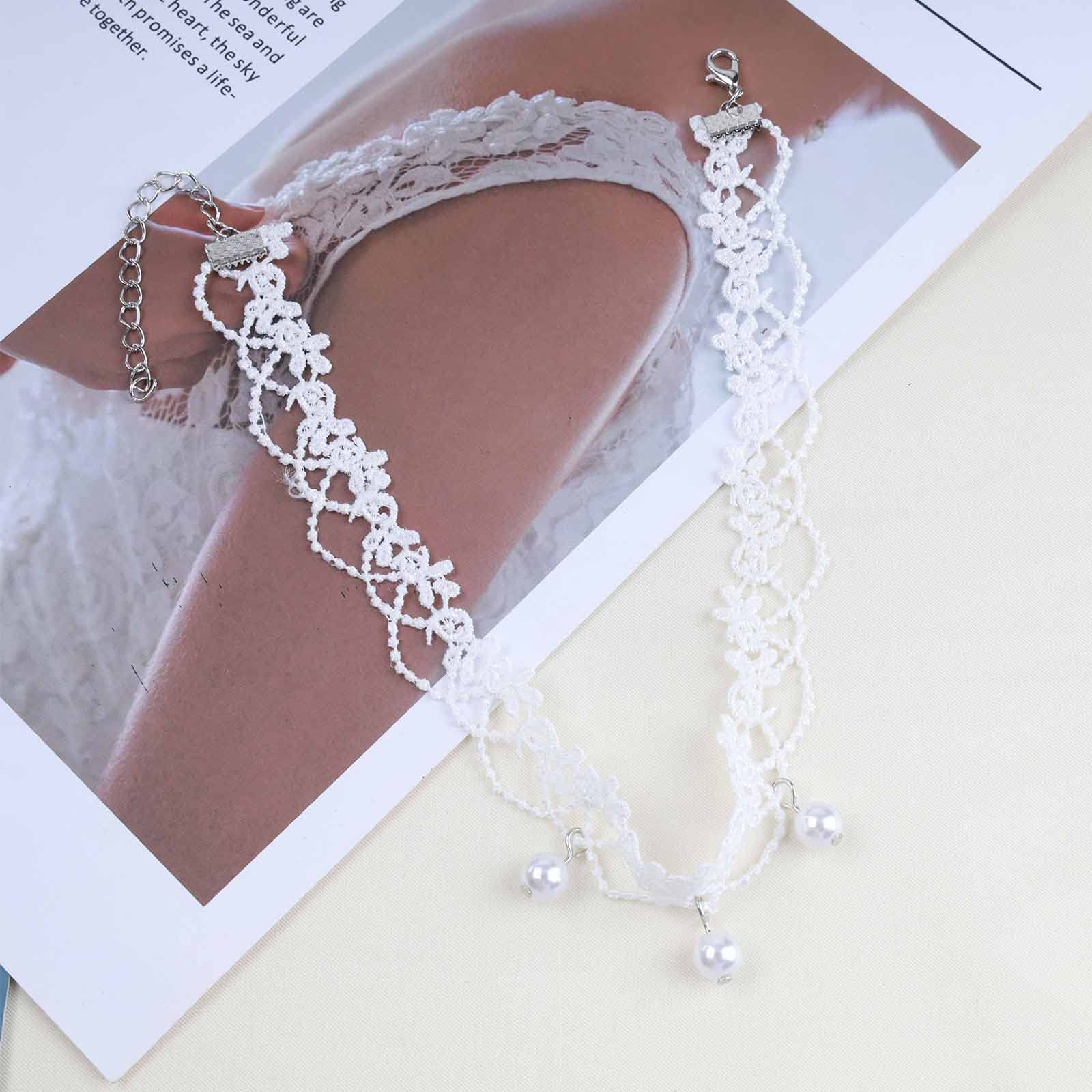 YienDoo Vintage Lace Choker Necklace White Gothic Lace Pattern Necklace Punk Tassel White Pearl Beaded Pendant Choker Princess Bridal Lace Lolita Statement Necklace Jewelry for Women Girls