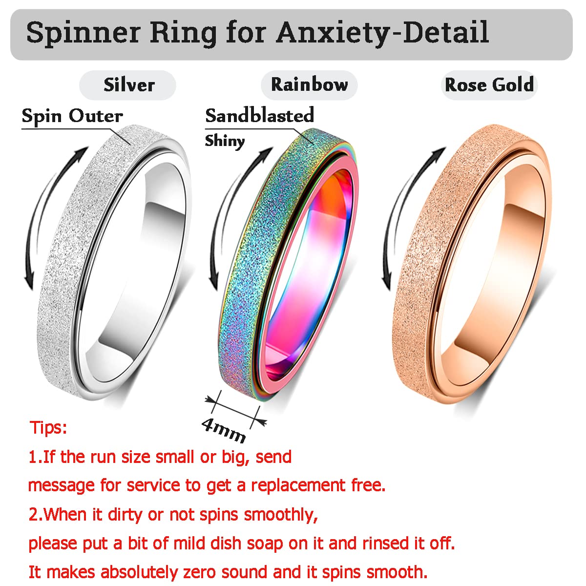 OreilleStar Anxiety Ring for Women Fidget Ring Fidget Toys Adults Spinner Rings for Anxiety Fidget Rings for Anxiety for Women Band Ring Size 8