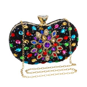 beaded wine purse clutch for women evening party rhinestone floral bag elegant handbags luxury brands wallet (black)