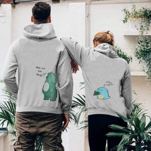 QNIHDRIZ Graphic Sweatshirts Matching Couple Sweatshirt Custom Cute Dinosaur Couple Hoodie for Girlfriend Birthdays Gift Grey