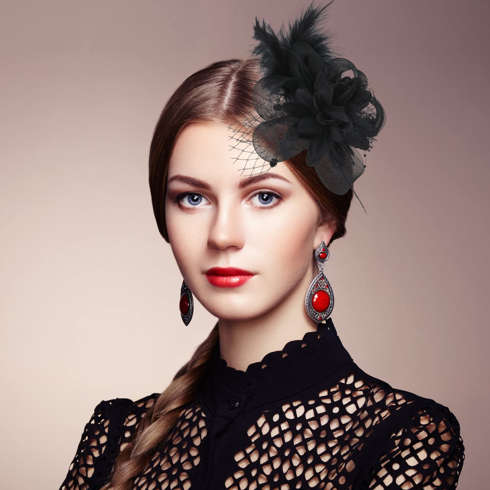 Feather Fascinators Hat for Women Wedding Headwear Flower Cocktail Church Derby Hat for Girls and Women Black