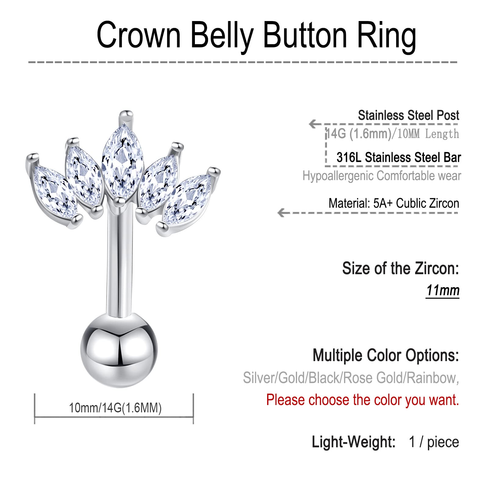 FLYUN Crown Belly Button Ring, Reverse Navel Ring, Tiara Gold Belly Ring Dainty Belly Piercing Barbell Small Belly Jewelry Cartilage Earring (8MM, Silver)