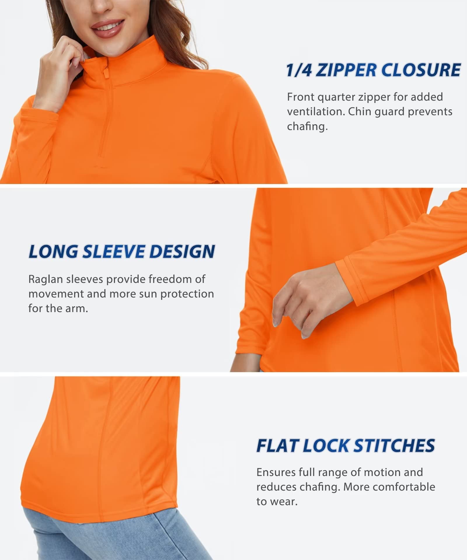 KEFITEVD Hiking Clothes for Women UV Sun Protection Shirts 1/4 Zip Pullover Athletic Tops Orange Running Shirts Long Sleeve Fishing Shirt Women