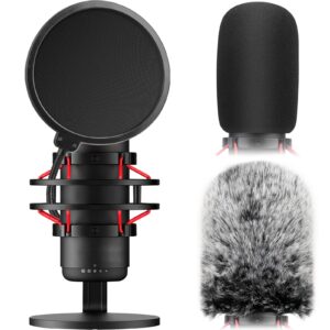 pop filter for hyperx quadcast,3 in 1 quadcast s mic pop filter + furry windscreen+ foam mic cover for hyperx microphone,professional noise reduction quadcast pop filter set by chromlives, combo 3pack