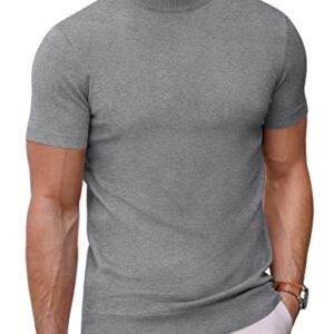 COOFANDY Mens Grey Mock Turtleneck Tops Short Sleeve Knitted T-Shirts Basic Thermal Pullover Sweater X-Large