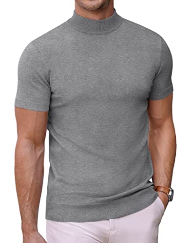 COOFANDY Mens Grey Mock Turtleneck Tops Short Sleeve Knitted T-Shirts Basic Thermal Pullover Sweater X-Large