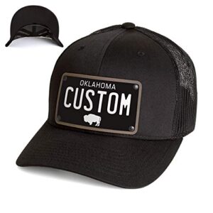 custom oklahoma license plate snapback trucker hat printed on leather patch. oklahoma