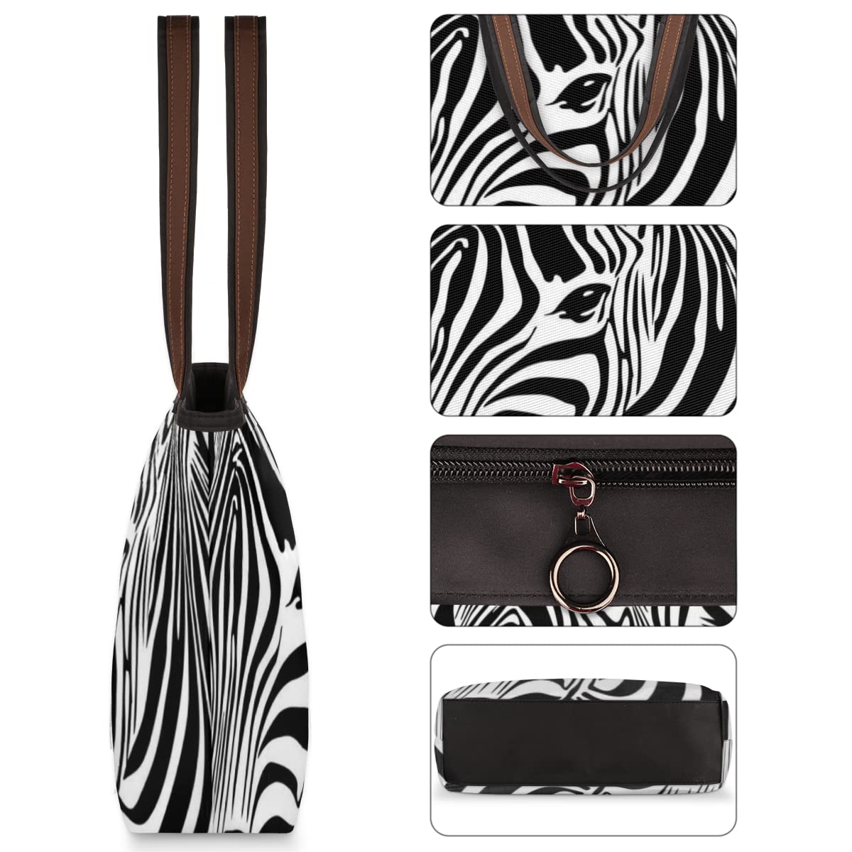 Zebra Animal Print Large Totes Top Handle Purse Women Shoulder Bag, Zebra Pattern Tote Bag with Zipper Handbag for Travel School Girls