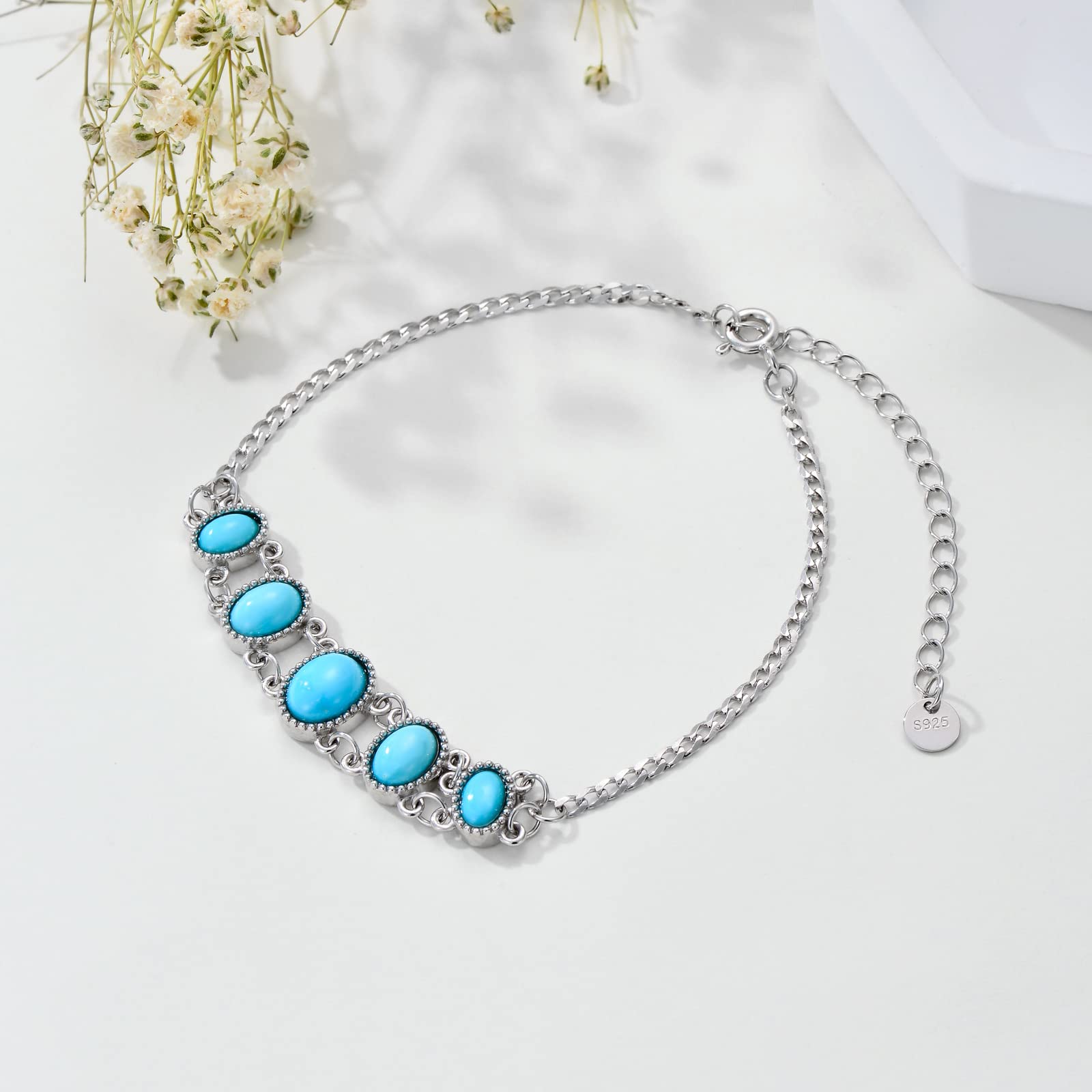 BETHZA Turquoise Bracelet for Women Sterling Silver Genuine Blue Turquoise Gemstone Link Adjustable Bracelet Western Vintage Jewelry Gift For Valentine Christmas