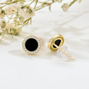 Black Onyx Stud Earrings Sterling Silver Plated 14k Gold Round Genuine Gemstone Earrings Jewelry Gift for Women