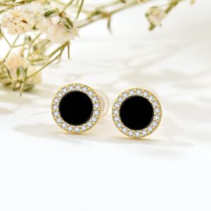 Black Onyx Stud Earrings Sterling Silver Plated 14k Gold Round Genuine Gemstone Earrings Jewelry Gift for Women