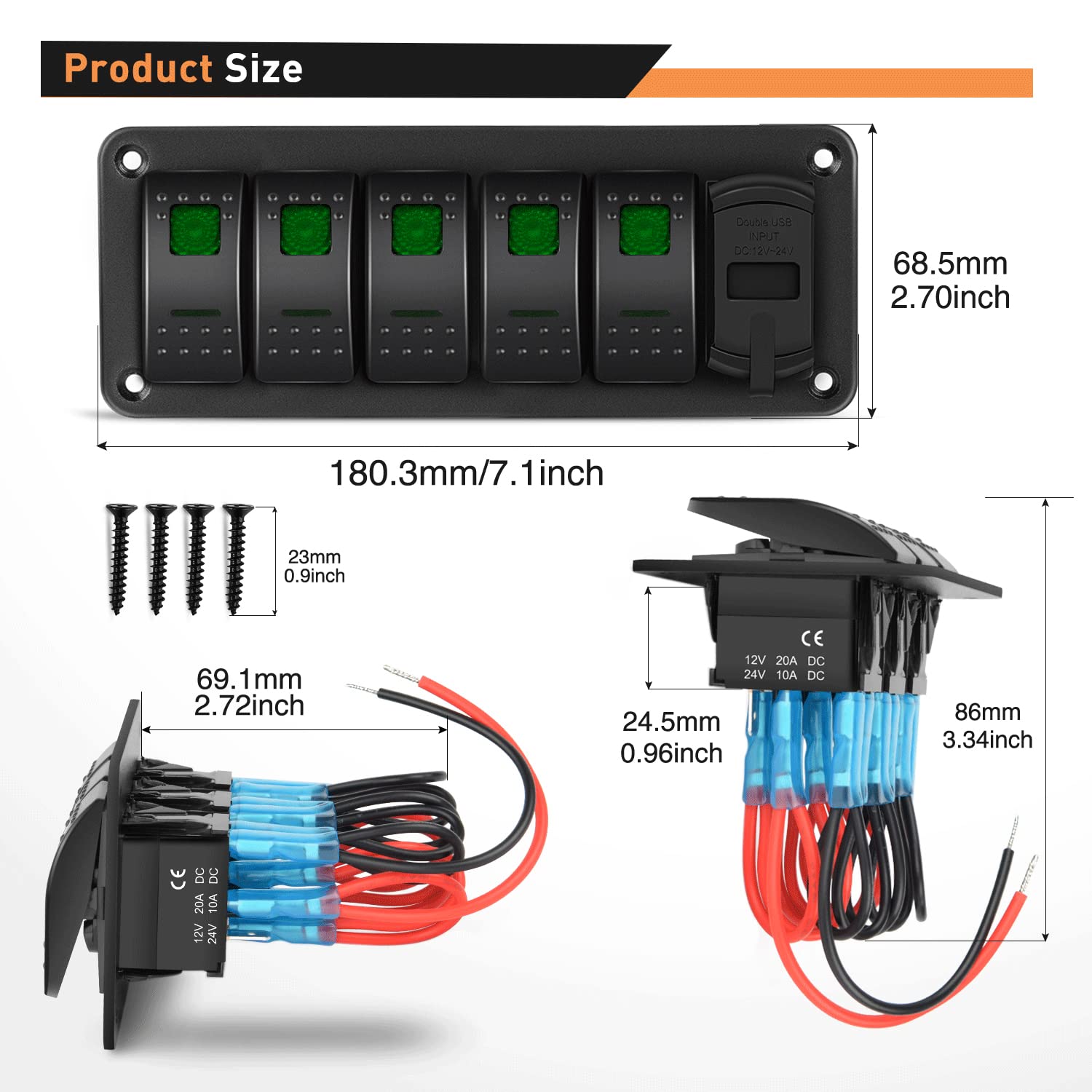 GOOACC 5 Gang Rocker Switch Panel Green Backlit with 4.8 Amp Dual USB Charger Voltmeter Waterproof 12V 24V DC Rocker Switch with Night Glow Stickers for Car Trucks Boats RVs,2 Years Warranty